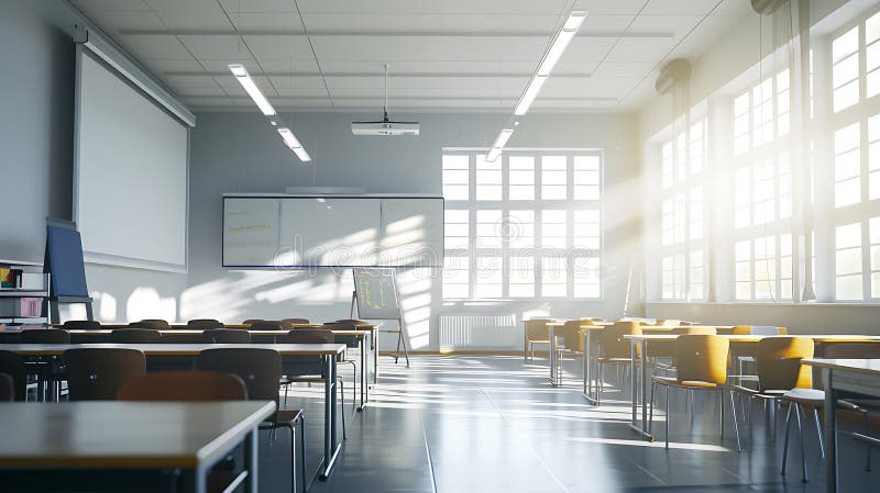 Bright Classroom with Desks and Projector Screen. Generative AI Stock ...