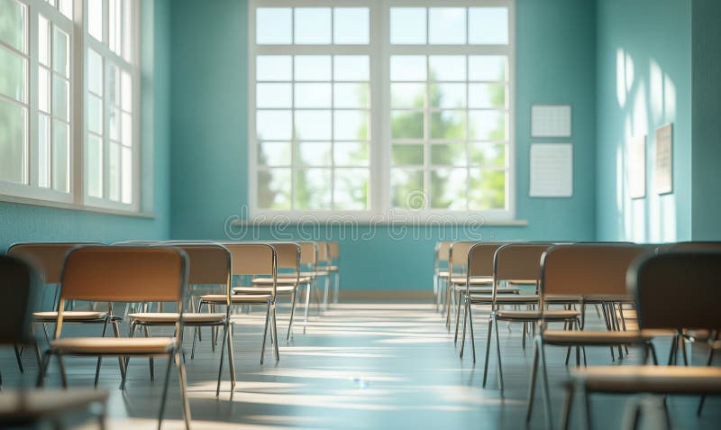 Bright Classroom with Empty Chairs and Large Windows, Natural Light Streaming in, Turquoise ...