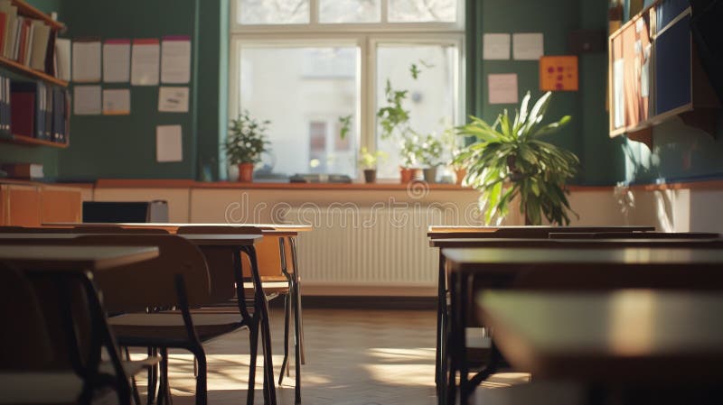 Bright Classroom with Empty Desks and Sunlight Streaming through ...