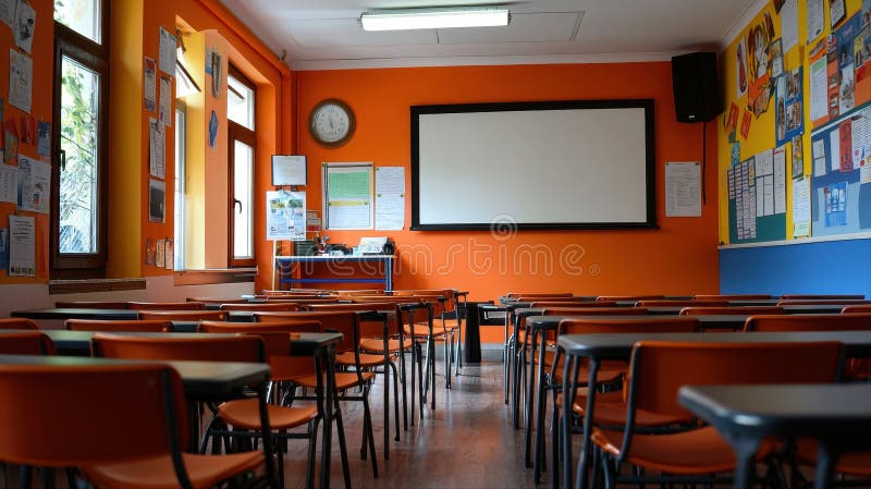 Bright Classroom Equipped with a Projector Ready for an Engaging ...
