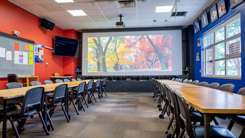 A Bright Classroom Features a Large Projector Screen Displaying ...