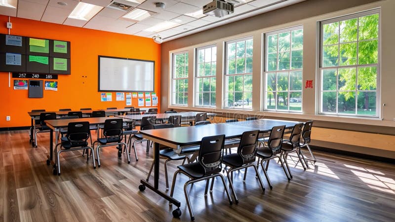 A Bright Classroom with Large Windows, Orange Walls, and Tables Set Up ...
