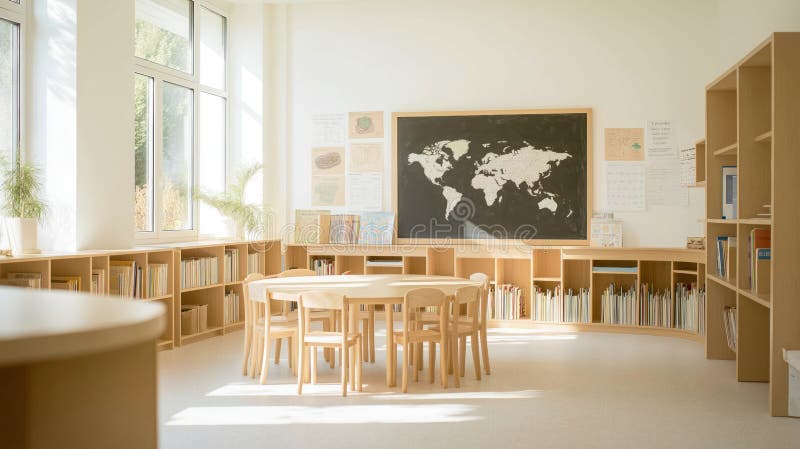 Bright Classroom with Natural Sunlight. Round Table, Chairs for ...