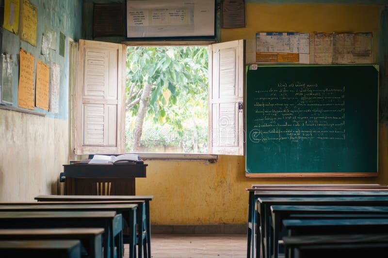 Classroom with Open Windows and Chalkboard Under Natural Light in a ...