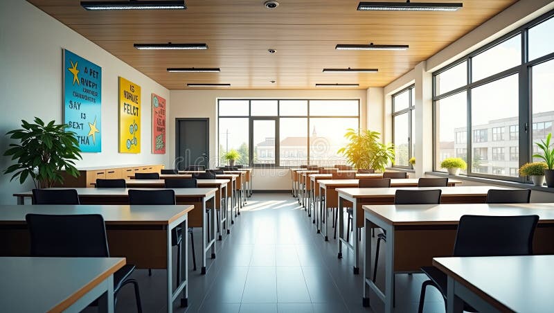Bright Classroom Ready for Learning Stock Illustration - Illustration ...