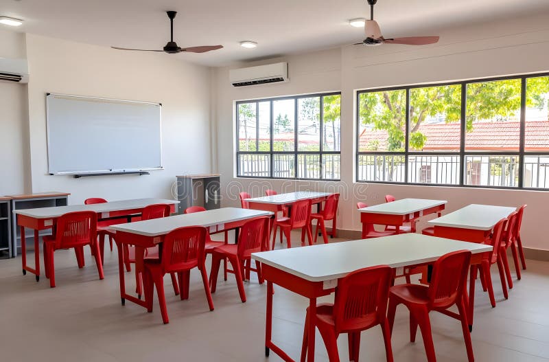 A Bright Classroom with Red Chairs and Tables, Designed for Learning ...