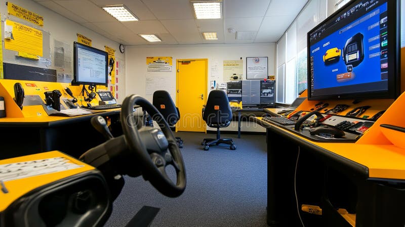 A Bright Classroom Setup for Driving Lessons with Modern Equipment and ...
