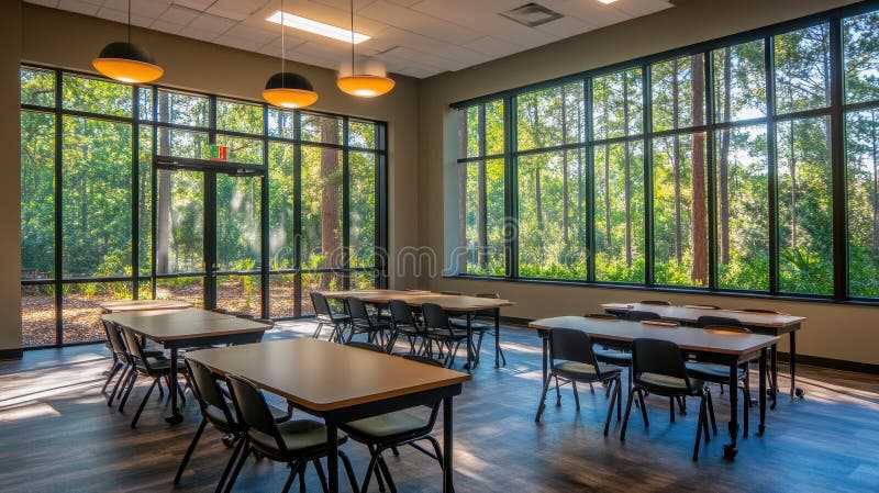 Bright Classroom with Tables, Large Windows, and Views of Nature ...