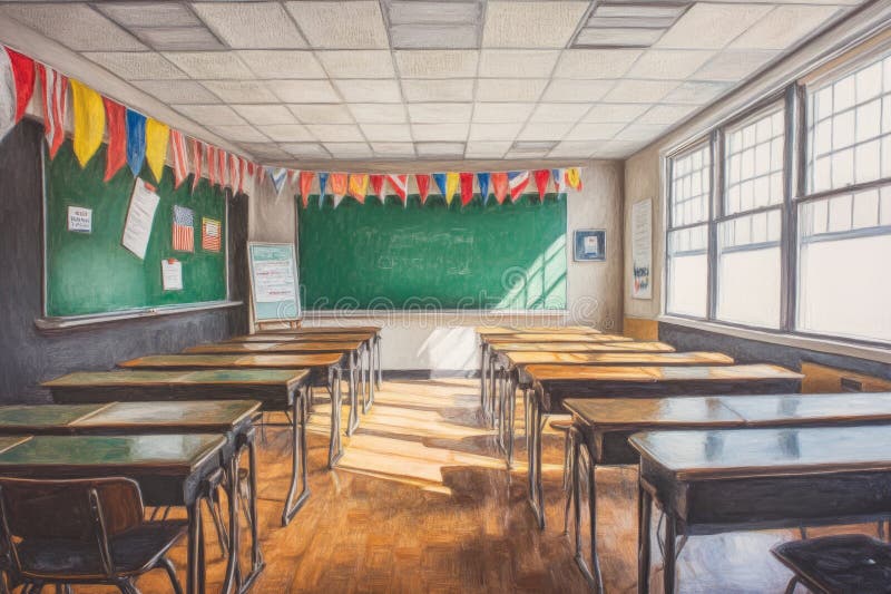 Bright Classroom with Wooden Desks and Colorful Flags. a Perfect Space ...