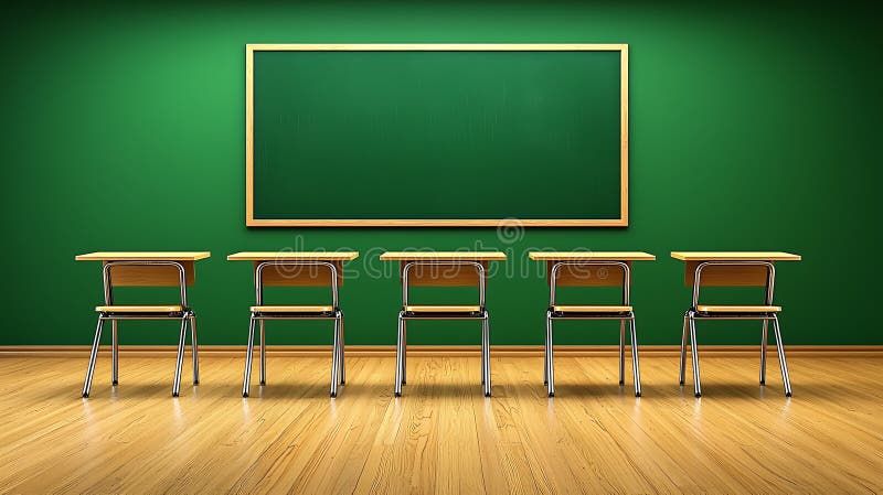 Empty Classroom with Desks and Chalkboard Background Stock Illustration ...
