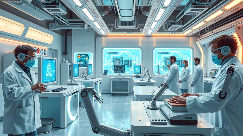 Bright Clean Futuristic Lab Scene with Scientists Wearing White Lab ...