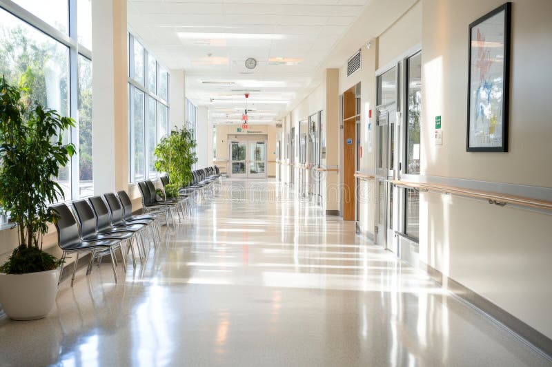 Bright and Clean Hospital Corridor with Seating Area Stock Photo ...