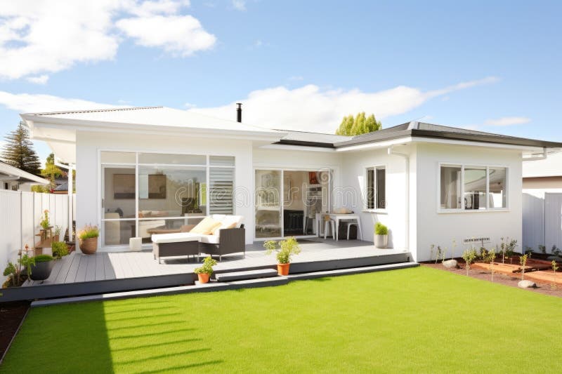 Bright, Clean Image of a Flat-roofed Home with White Exterior Stock ...