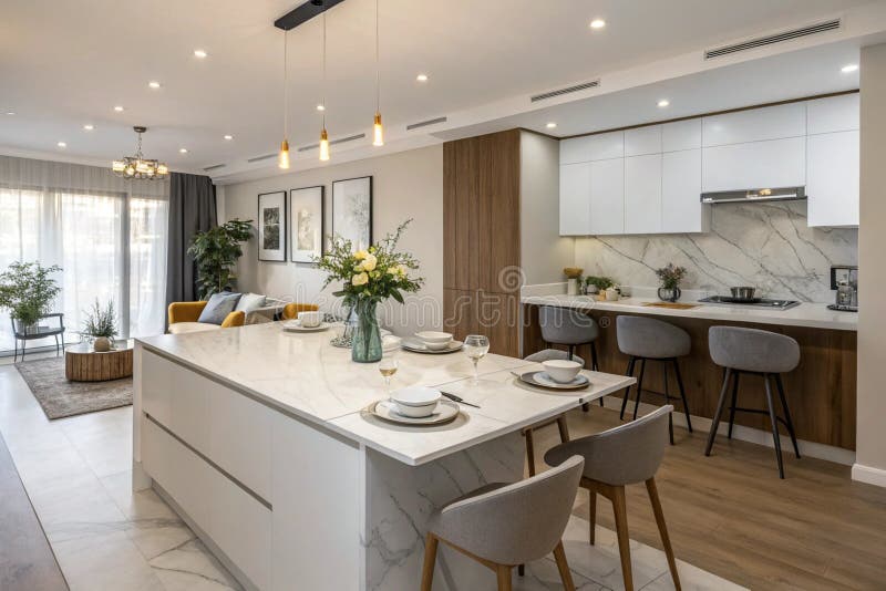 Bright, Clean Kitchen Island in Modern Apartment Stock Illustration ...