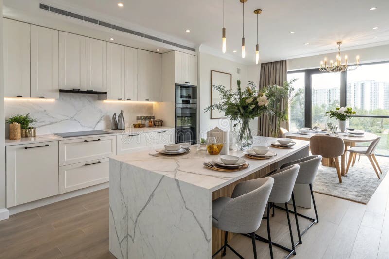 Bright, Clean Kitchen Island in Modern Apartment Stock Illustration ...