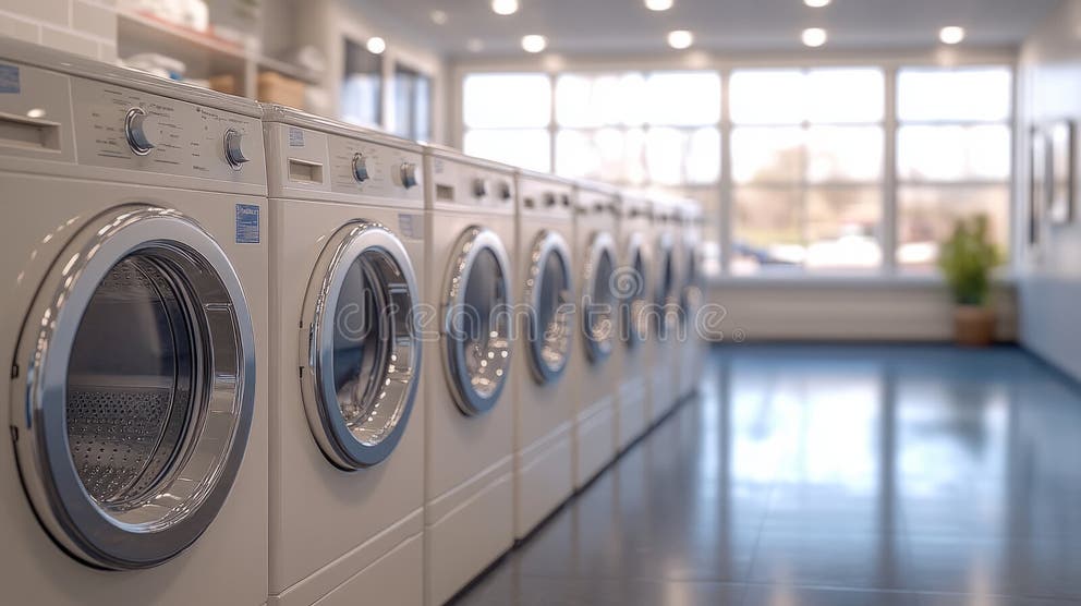 Bright and Clean Laundromat with Modern Machines Stock Illustration ...