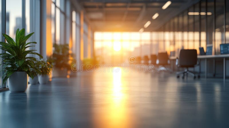 Bright, Clean Office Space with Plants and Sunset Lighting Stock Photo ...