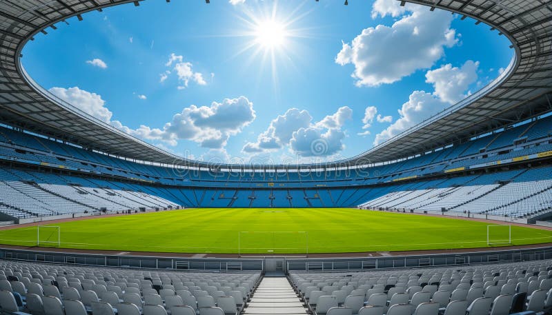 Bright and Clear Sky Over a Massive Stadium with Vivid Field and Empty ...