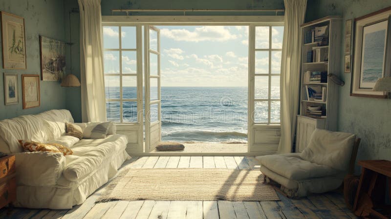 Bright Coastal Living Room with Ocean View Stock Illustration ...