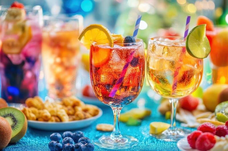 Bright Cocktails are Placed on a Lively Table, Accompanied by an Array ...