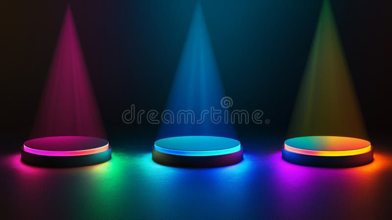 Colorful Light Beams Illuminate Circular Platforms in a Dark ...
