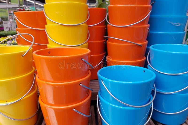 Colored Buckets Plants House, Isolate, Blue And Pink Color Stock Photo ...
