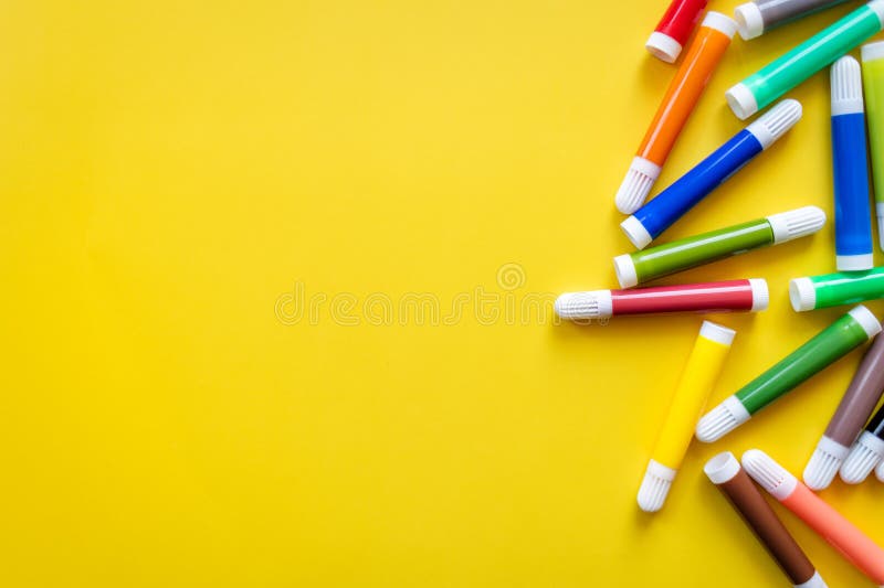 Bright Colored Felt-tip Pens on Yellow Background with Copy Space ...