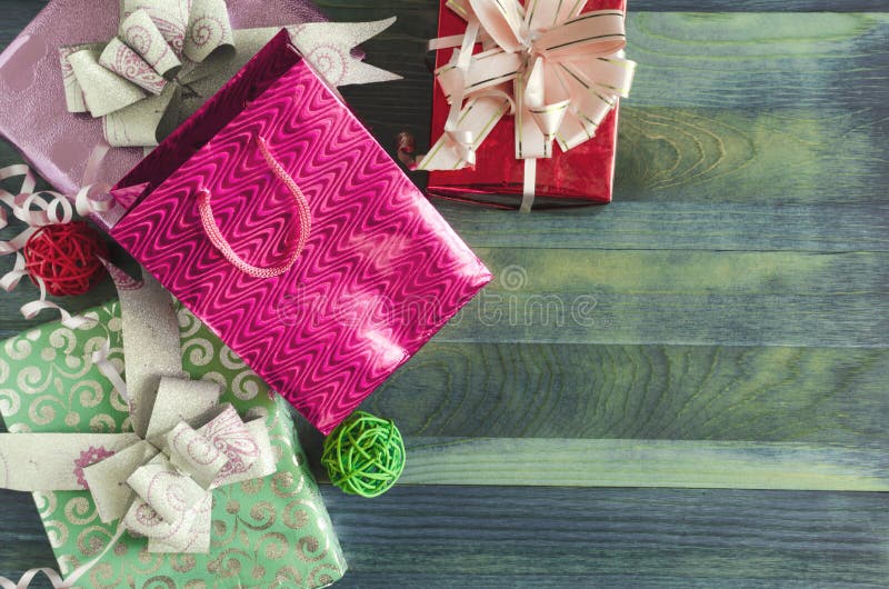 Bright Colored Gift Boxes and Decorative Elements on a Wooden ...