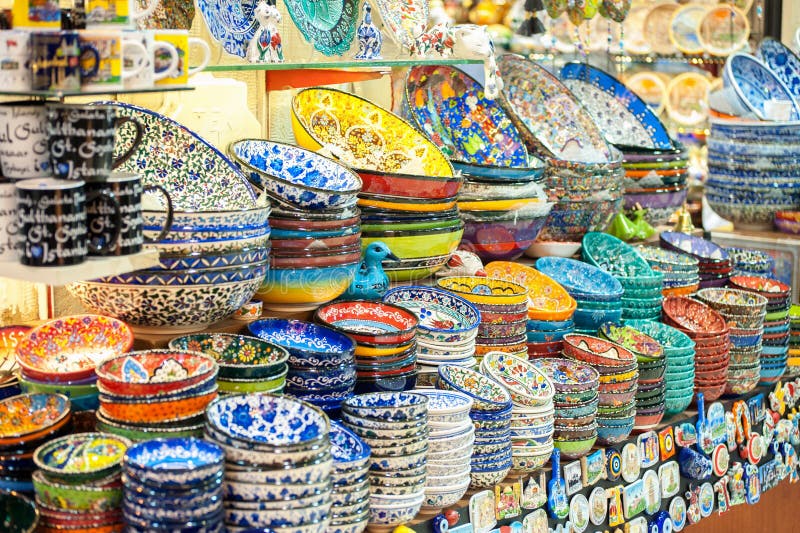 Bright Colored Painted Plates and Cups Stock Image - Image of bright ...