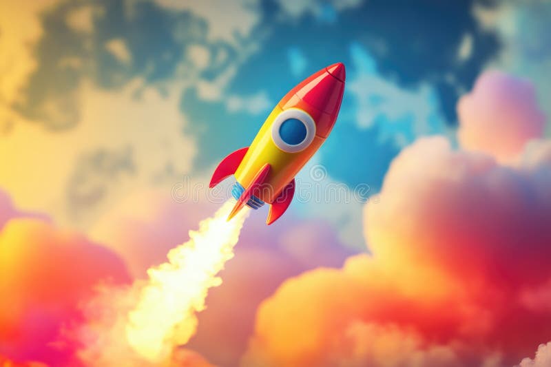 A Bright Colored Rocket Soaring through a Cloudy Sky with the Sun ...