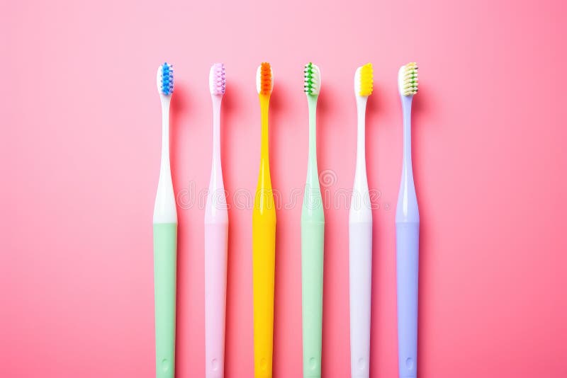 Bright Colored Toothbrushes on a Pink Background. Oral Hygiene Stock ...