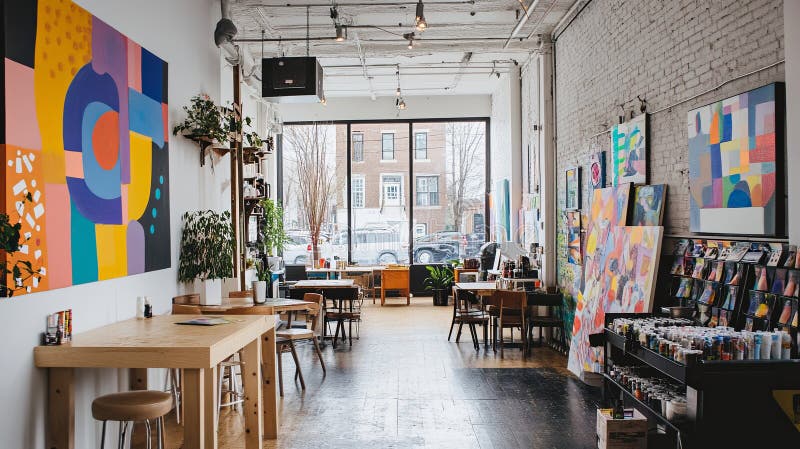 Bright Colorful Art Cafe Creative Spaces Painting Collaborating Stock ...