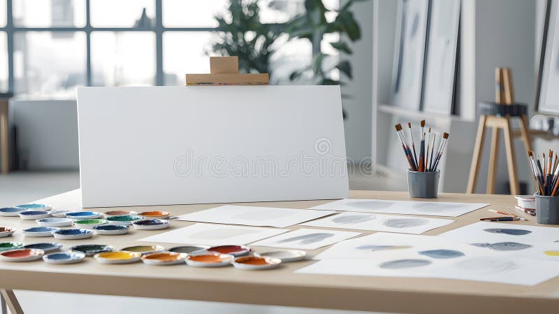 Bright and Colorful Art Studio Workspace with Paint Palettes and an ...