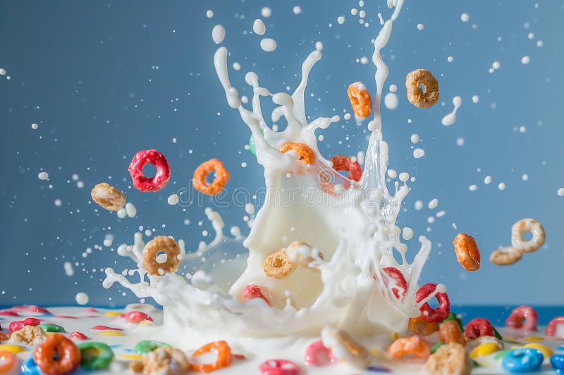 Colorful Cereal Splash Happily Falling into Fresh Milk for Breakfast ...