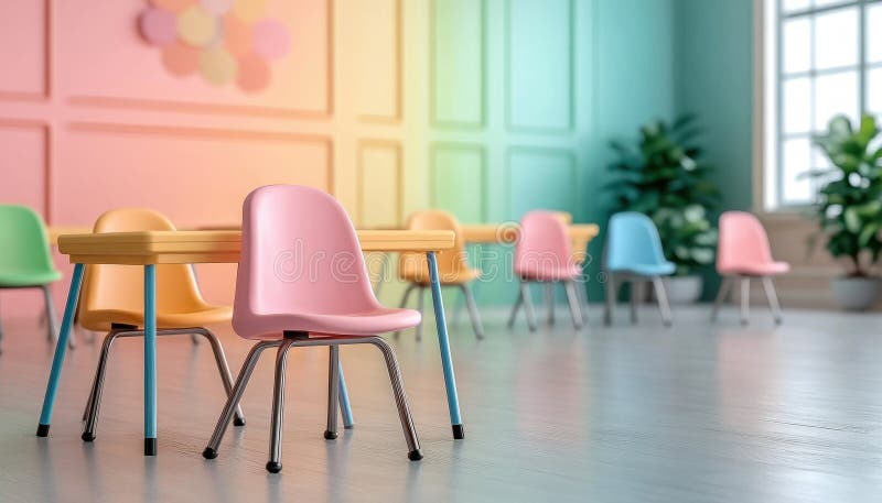 Bright and Colorful Classroom Setting with Students Collaborating on ...