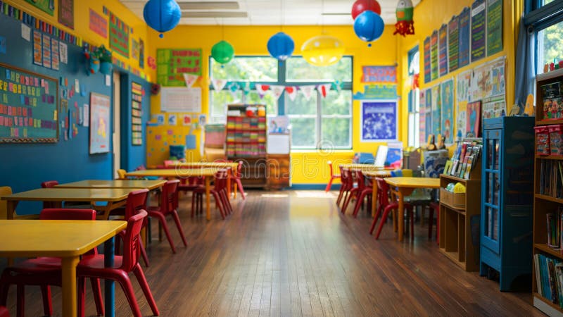 A Bright and Colorful Classroom with Yellow Wall Posters and Red Chairs ...