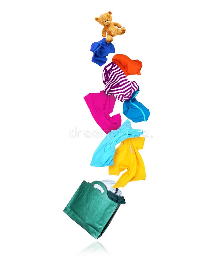 Bright Colorful Clothes Flying Out from Wash Bowl on White Stock Image ...