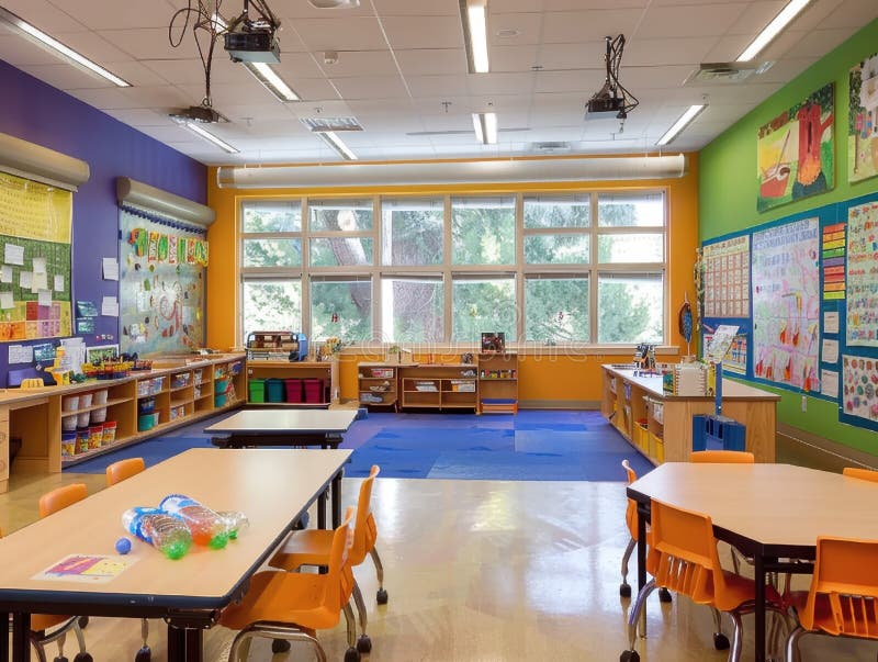 Bright and Colorful Elementary Classroom with Learning Materials and ...