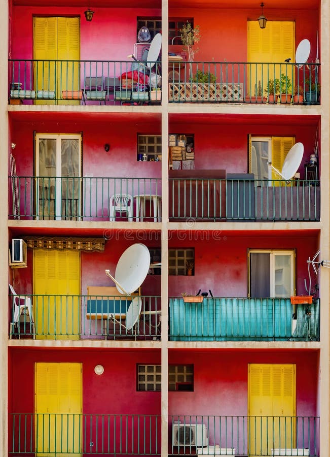 Bright Colorful Facade of Old European Building with Windows. Stock ...