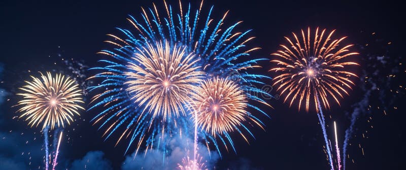 Bright and Colorful Fireworks Display Exploding High in the Night Sky ...