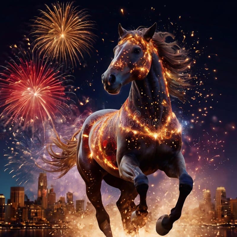 Bright, Colorful Fireworks in the Shape of a Galloping Horse Exploding ...