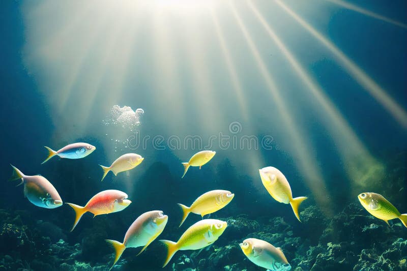 Bright Colorful Fish Floating in Sun& X27;s Rays Underwater Seascape ...