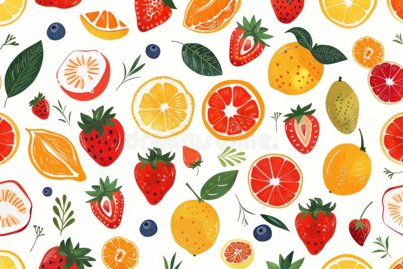 Bright and Colorful Fruit Pattern Illustration with Citrus and Berries ...