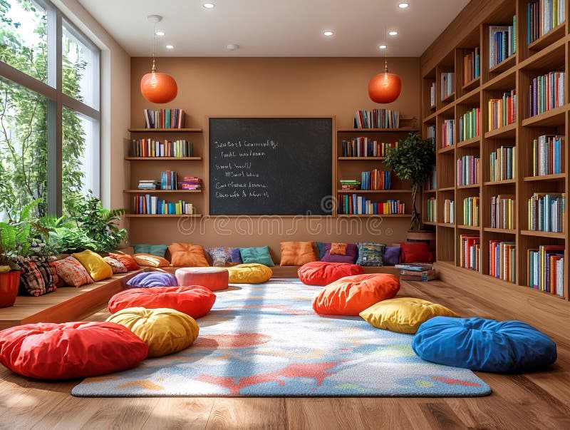 A Bright, Colorful Interior with a Study Area or Casual Classroom ...