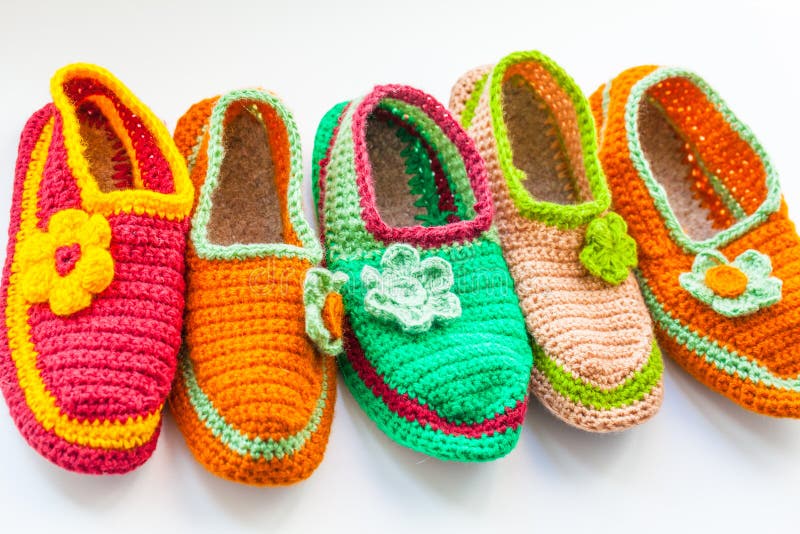 The Bright and Colorful Knitted Homemade Slippers. Stock Image - Image ...