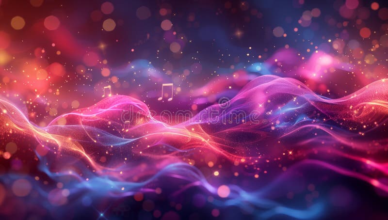 Bright, Colorful Light Waves Dance with Music Notes in an Abstract ...