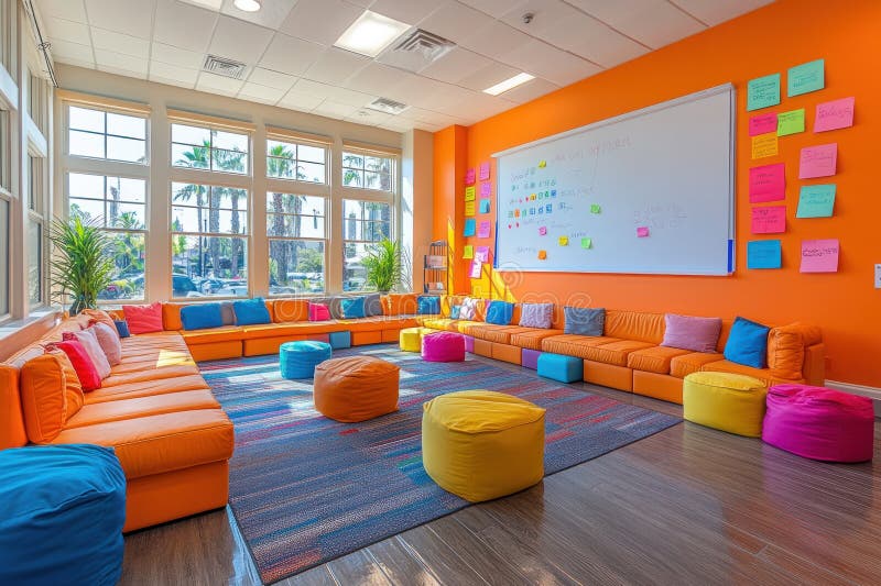 A Bright and Colorful Meeting Room with a Large Whiteboard, Orange ...