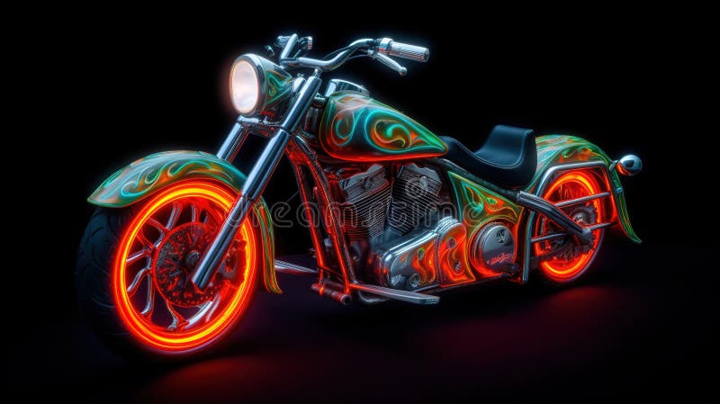 Bright and Colorful Motorcycle with Neon Lights on a Dark Background ...