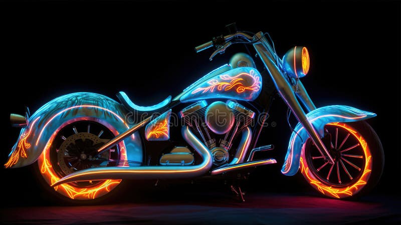 Bright and Colorful Motorcycle with Neon Lights on a Dark Background ...