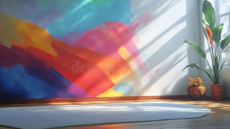 A Bright, Colorful Mural in a Sunlit Room with a Plant and Decorative ...